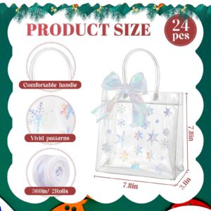 Henoyso 24 Pcs Snowflake Clear Gift Bags Winter Frozen Party Favors Bags Christmas Plastic Candy Goodie Treat Bags with Handles and Ribbon 7.8 x 7.8 x 3.1 PVC Gift Wrap Tote(Laser Silver)