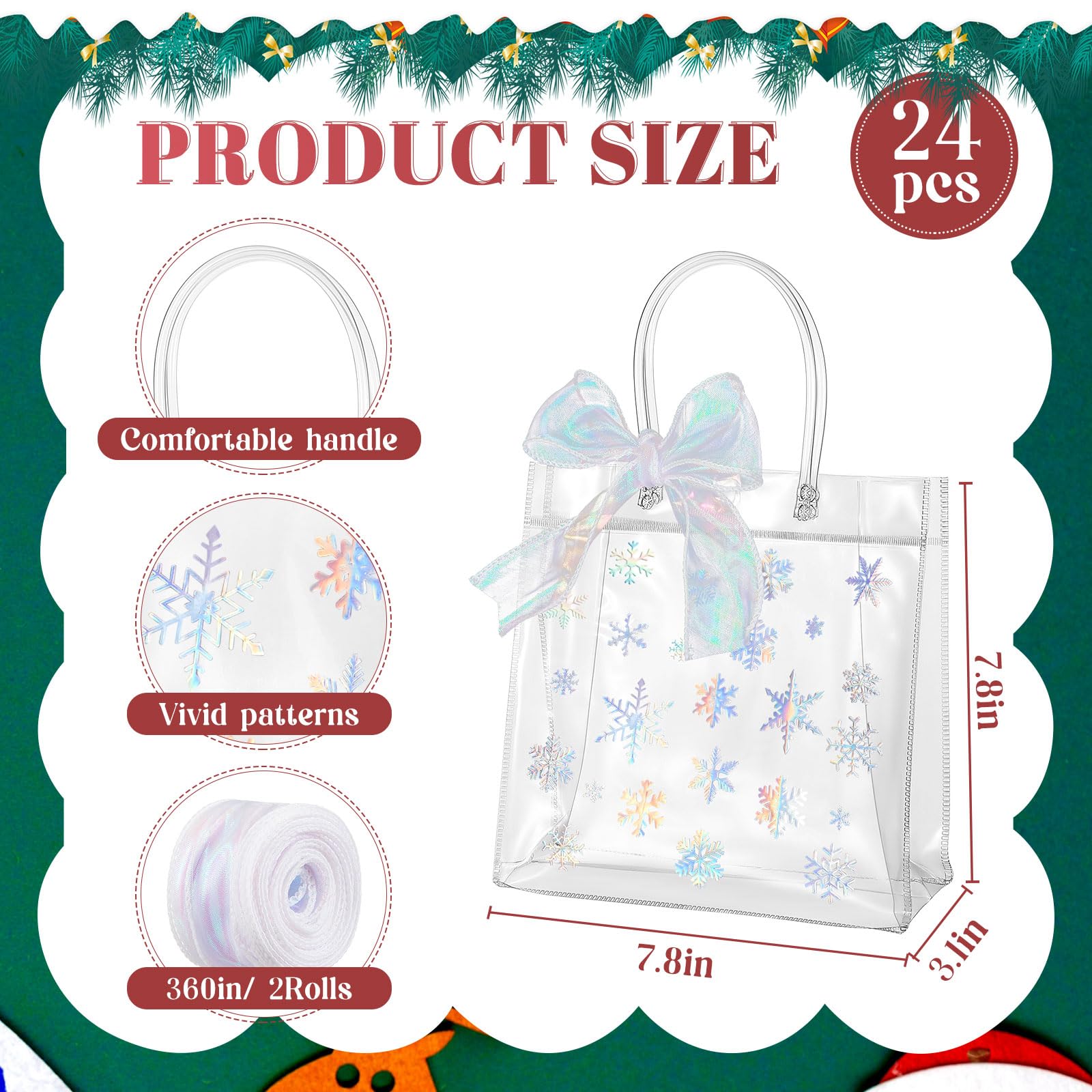 Henoyso 24 Pcs Snowflake Clear Gift Bags Winter Frozen Party Favors Bags Christmas Plastic Candy Goodie Treat Bags with Handles and Ribbon 7.8 x 7.8 x 3.1 PVC Gift Wrap Tote(Laser Silver)