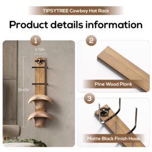 TIPSYTREE Cowboy Hat Rack, 4 Pieces Cowboy Hat Holder with Rustic Wooden Board for wall, Metal, Wall Hat Storage Organizer for Hat Collection Western Room Décor