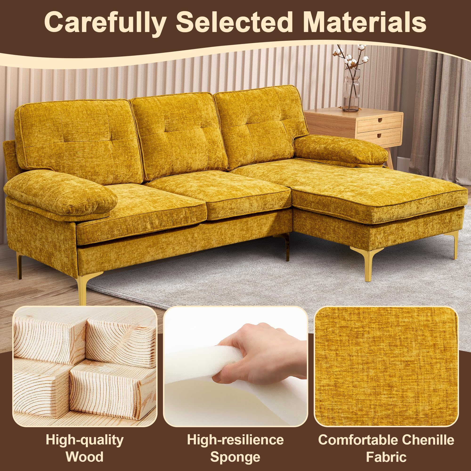 PALLOME 84" Convertible Sectional Sofa Couch, L Shaped Sofa Couch with Reversible Chaise, Chenille 3-Seat Lounge Couch, Sleeper Sofa Bed for Small Space, Living Room, Apartment (Yellow)