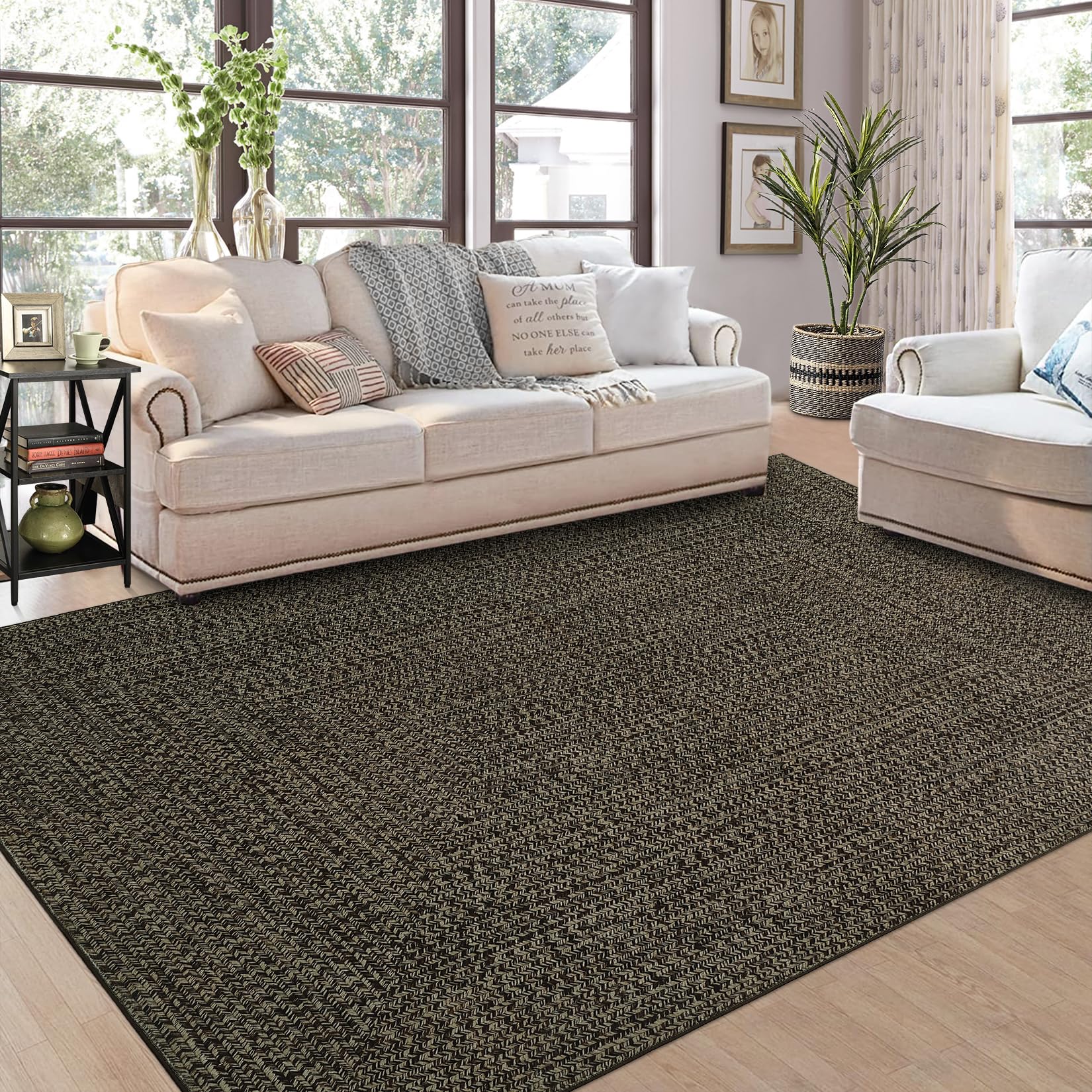 ROYHOME 9x12 Area Rug Large Machine Washable Rug for Living Room Print Braided Accent Rug Stain Resistant Non-Slip Carpet Rug Farmhouse Solid Printed Textured Floor Cover for Home Decor, Brown