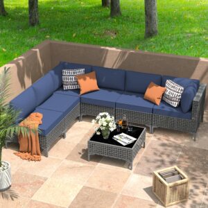 kurapika 7 pieces wicker patio furniture set, outdoor conversation sets, modular outdoor sectional sofa w/4 inch cushion and glass coffee table (navy blue cushions, grey rattan)