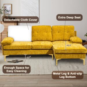 PALLOME 84" Convertible Sectional Sofa Couch, L Shaped Sofa Couch with Reversible Chaise, Chenille 3-Seat Lounge Couch, Sleeper Sofa Bed for Small Space, Living Room, Apartment (Yellow)