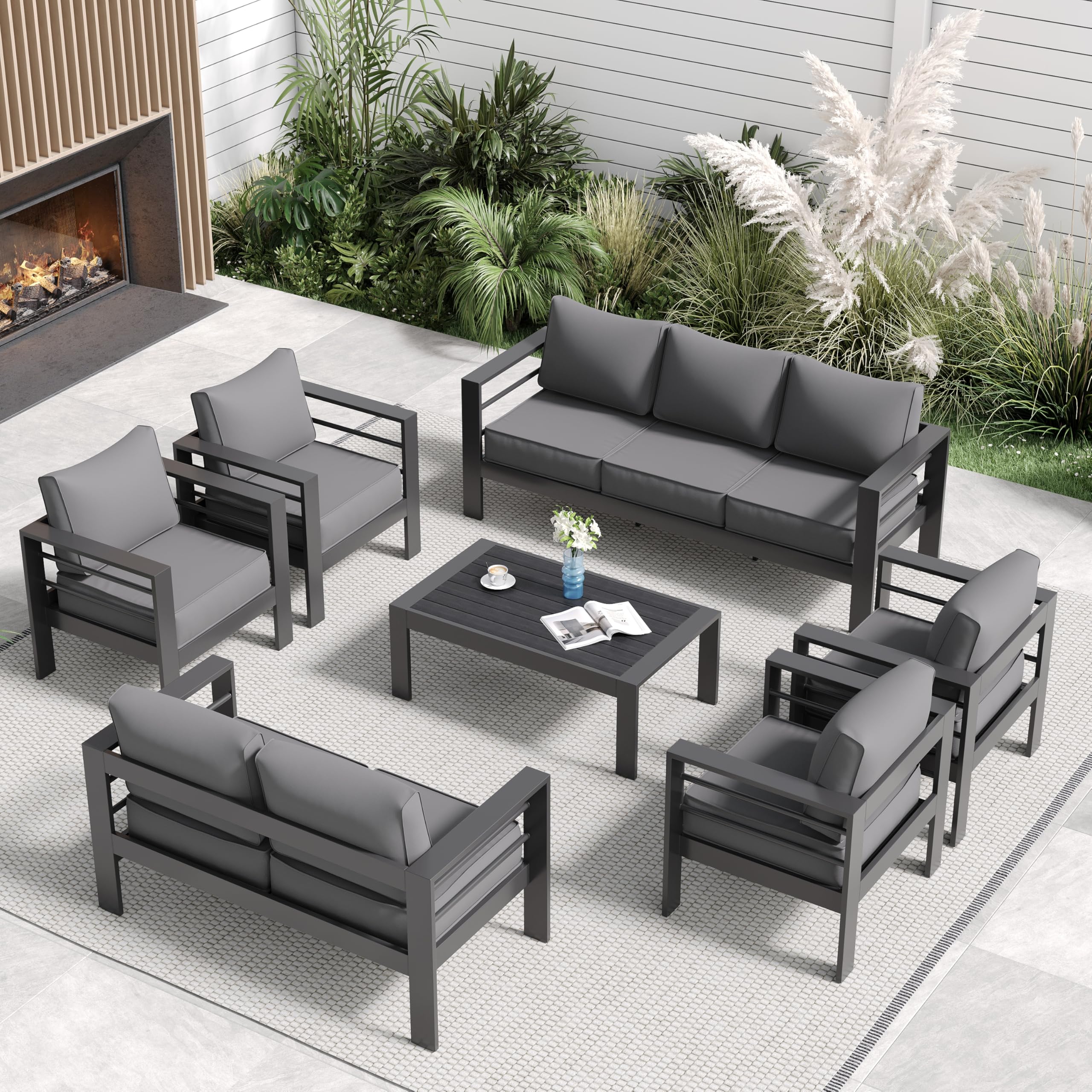 VONZOY Aluminum Patio Furniture Set, 10 Piece Metal Outdoor Furniture Set, Patio Furniture Set with Waterproof Covers for Backyard Garden（Grey）