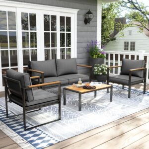 udpatio metal outdoor patio furniture set, modern outdoor conversation furniture sets w/coffee table, sectional furniture with thick, washable and high-resiliency sponge cushions, deep grey, 4 pcs