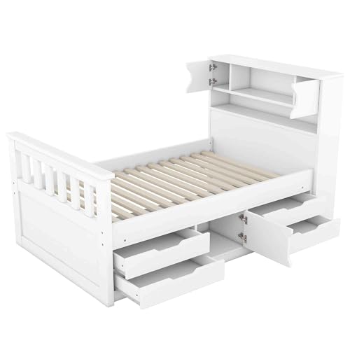 ATY Twin Size Platform Bed with Storage Headboard and 4 Pull-Out Drawers, Wooden Captain Bedframe w/Footboard & Cabinet, Save Space Design, No Box Spring Needed, White