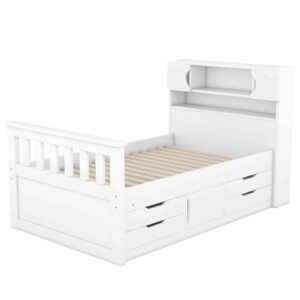 ATY Twin Size Platform Bed with Storage Headboard and 4 Pull-Out Drawers, Wooden Captain Bedframe w/Footboard & Cabinet, Save Space Design, No Box Spring Needed, White