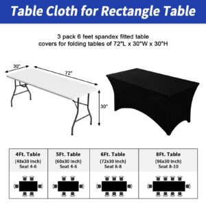 Fixwal 3 Pack Black Table Cloth for 6 Foot Rectangle Tables, Rectangular Tablecloths Stretch Spandex Fitted Table Covers 6 ft for Parties, Trade Shows, Banquet, Weddings, Buffet