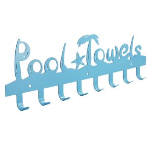 oyefly pool towel rack,wall mount towel hooks towel holder with 8 hooks,pool area outside sign (blue, 14.8in)