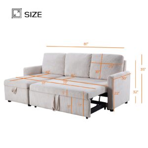 EBELLO 3 in 1 Convertible Sleeper Sofa Bed, Soft Corduroy L-Shaped Couches for Living Room, Small Pull Out Sectional Futon Sofa Bed with Storage Chaise and 2 Pillows, for Small Space Apartment, Beige