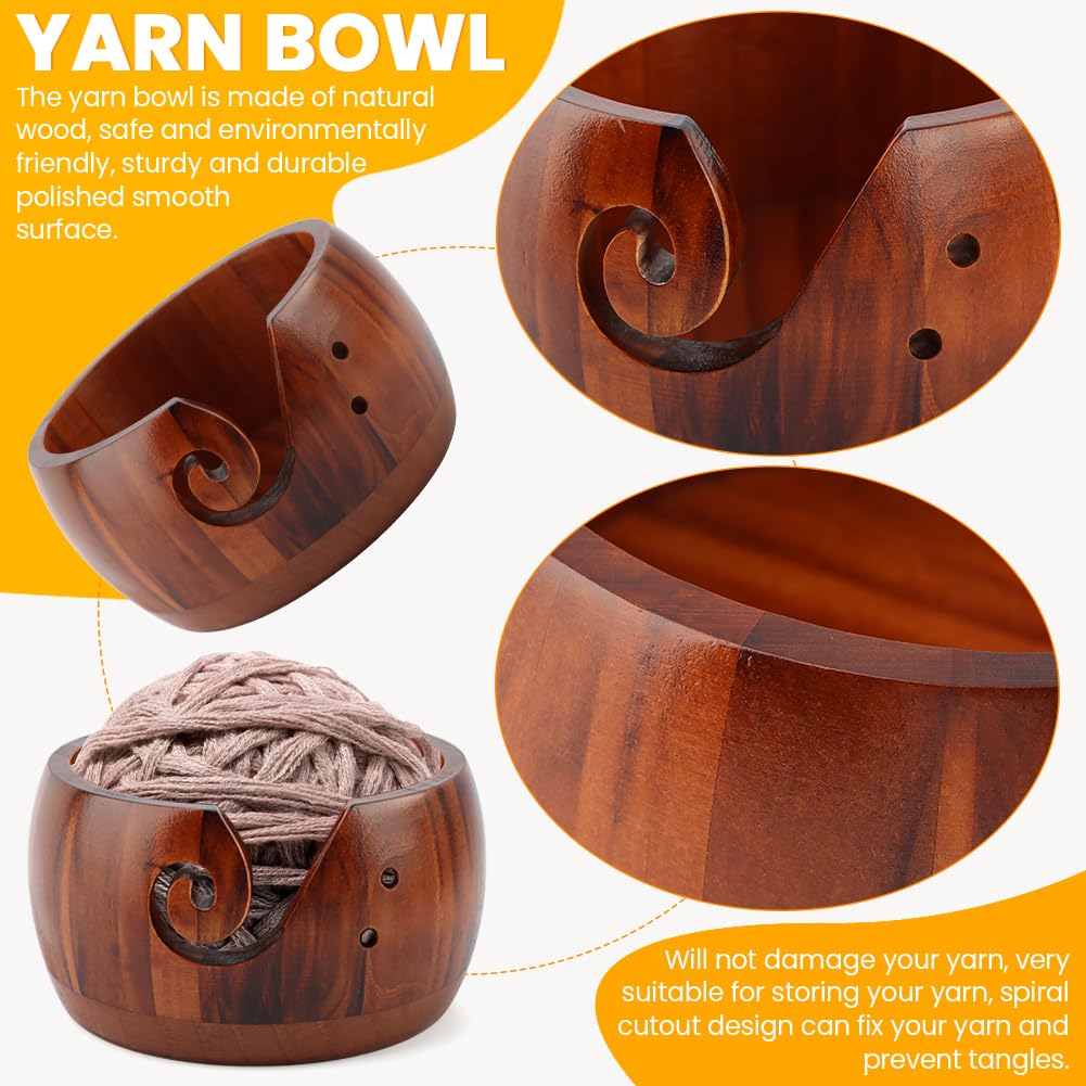 Wooden Yarn Bowl with 6pcs Metal Crochet Hooks and 50pcs Crochet Stitch Markers, Knitting Yarn Bowl with Holes Storage, Handmade Yarn Storage Bowl for DIY Knitting Crocheting Accessories