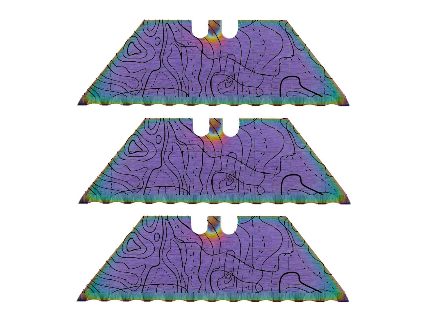 NDZ Performance Serrated Steel Blade Replacement for Berkling Utility Knife, Custom Double Sided Laser Engraved Designs, Rainbow - Topographic Map, 3 Pack