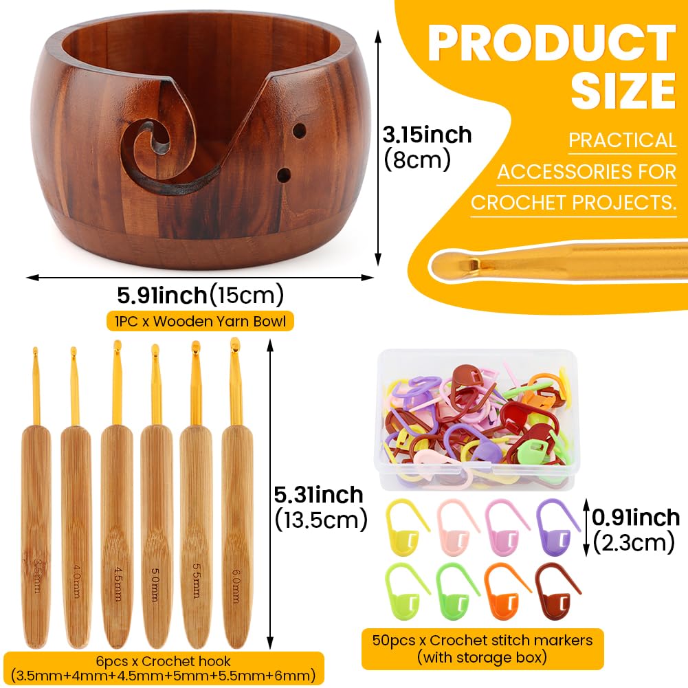 Wooden Yarn Bowl with 6pcs Metal Crochet Hooks and 50pcs Crochet Stitch Markers, Knitting Yarn Bowl with Holes Storage, Handmade Yarn Storage Bowl for DIY Knitting Crocheting Accessories