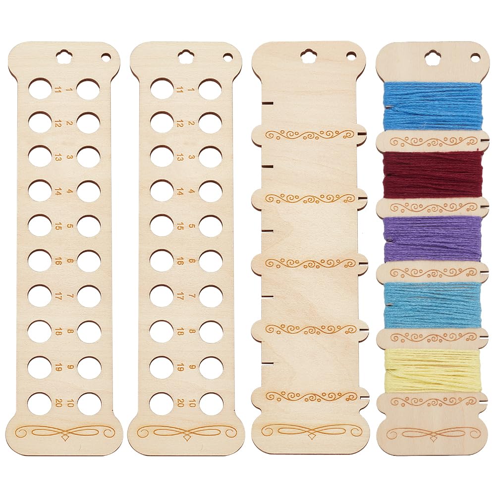 BENECREAT 4pcs 2 Sizes Wooden Embroidery Floss Organizer, 22-Holes with Numbers Winding Plate Board Card Rectangle Thread Project Cards for DIY Sewing Cross Stitch Storage Thread