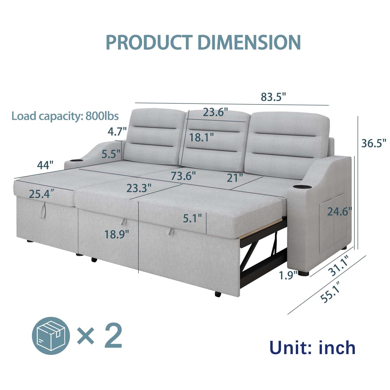 83.5"Convertible Sleeper Combo Sofa, L Shaped Sleeper Sofa,Convertible Sofa Bed with Storage Recliner and Cup Holder,2 in 1 Pull Out Couch,Polyester Sleeper Sofa for Living Room,Apartment, Light Grey