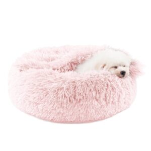 himax dog beds for small dogs&cats, comfort dog bed with blanket attached, calming anti-anxiety fluffy dog bed washable (20"/26"/35") pink