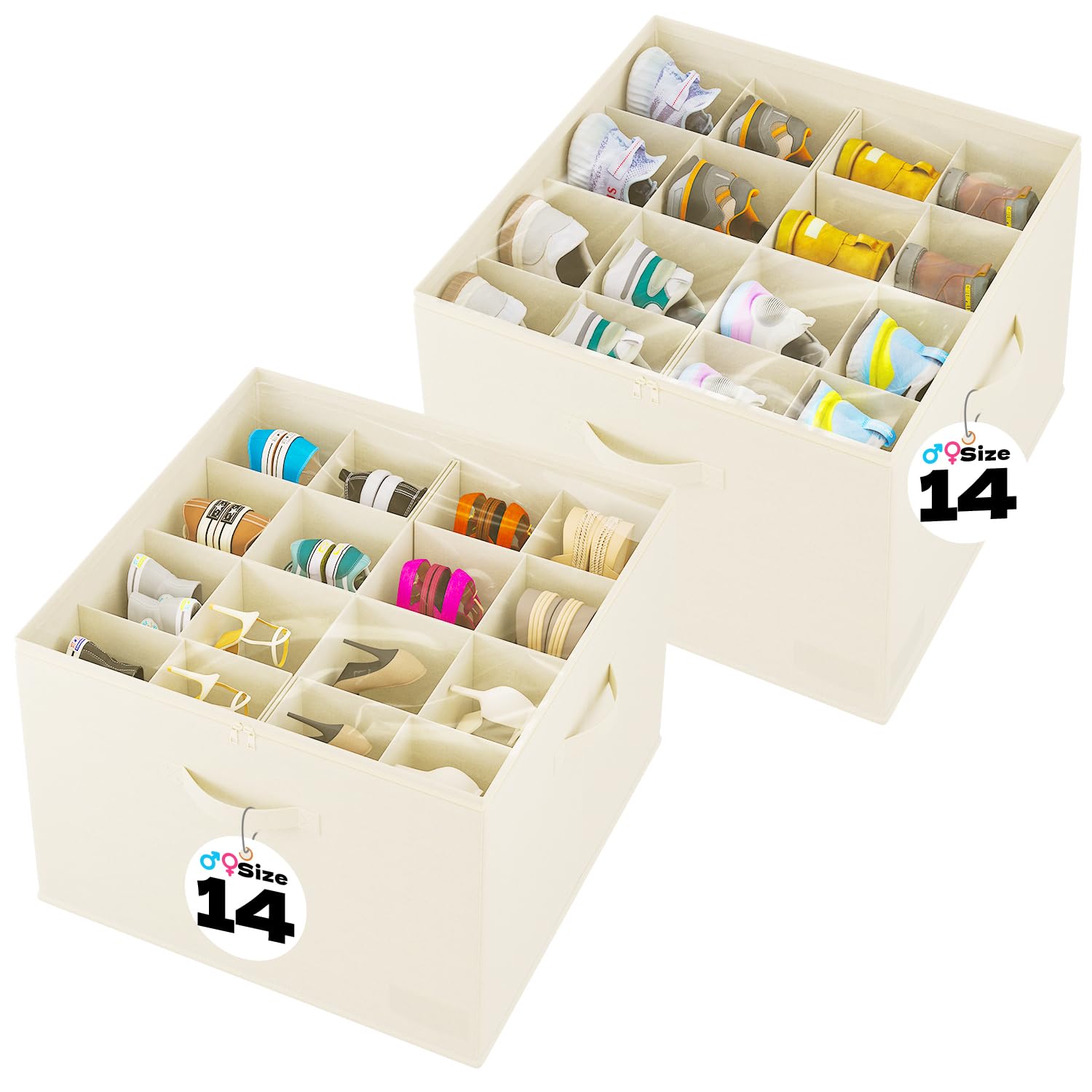 Fabric Shoe Storage Bins for Men Size 14, Shoe Organizer for Closet with Clear Cover and Adjustable Dividers, 16-Slot Shoe Storage Box Fits Up to 16 Pairs, 2Pack, Beige