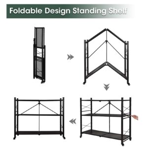 4-Tier Folding Storage Shelves Garage Shelving Unit Foldable Heavy Duty Metal Wire Shelving Organizer Standing Storage Rack Shelf No Assembly with Wheels for Kitchen Pantry Bathroom (4-Tier)