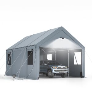 10x16 carport, heavy duty car port with galvanized steel frame, removable sidewalls & doors, portable garage with bindings, sandbags and lights, car shelter shed canopy for suv, truck, boats