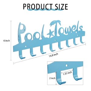 OYEFLY Pool Towel Rack,Wall Mount Towel Hooks Towel Holder with 8 Hooks,Pool Area Outside Sign (Blue, 14.8in)