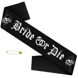 gothic bride or die sash with white printed, black bride to be bachelorette sash for hen party bridal shower engagement wedding party decorations supplies accessories favors gift (black+white)