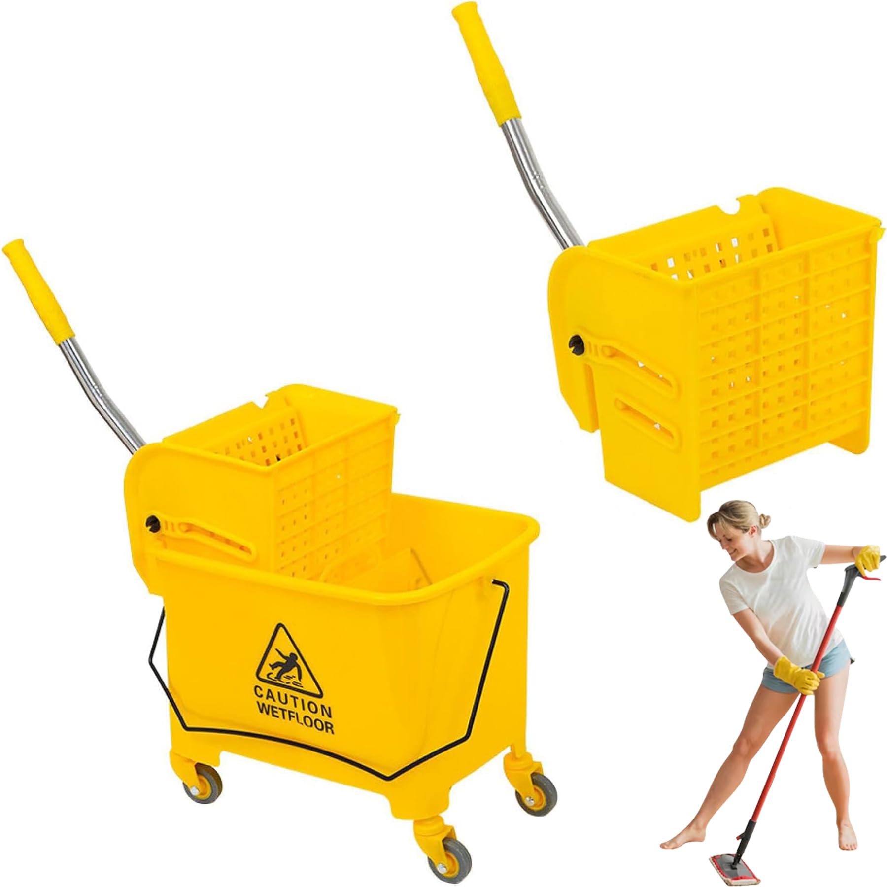 Mop Bucket & Side Wringer Combo, Heavy Duty Commercial Mop Bucket with 20 Quarts Cleaning Cart with Wringer for Home Business Cleaning (1PC Yellow)