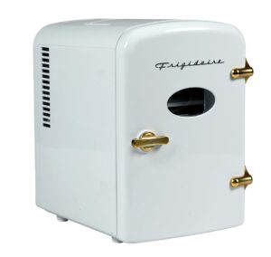 frigidaire retro mini personal fridge cooler, holds up to 9 cans, portable for car, office, bedroom, dorm room, or cabin, includes 110v ac and 12v dc cords - white gold (special edition color)