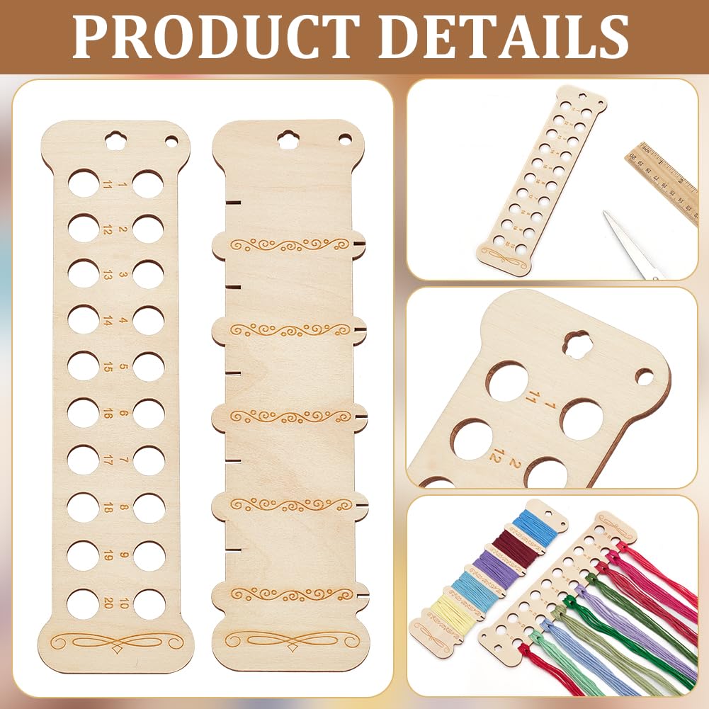 BENECREAT 4pcs 2 Sizes Wooden Embroidery Floss Organizer, 22-Holes with Numbers Winding Plate Board Card Rectangle Thread Project Cards for DIY Sewing Cross Stitch Storage Thread