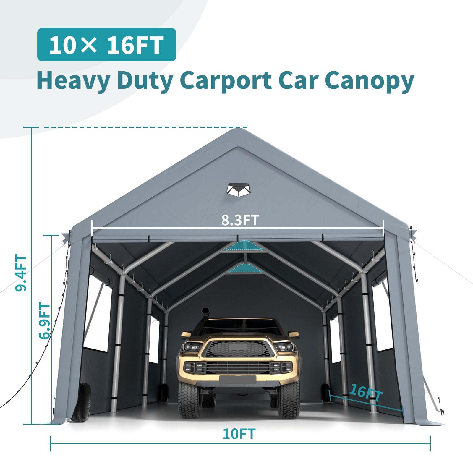 10x16 Carport, Heavy Duty Car Port with Galvanized Steel Frame, Removable Sidewalls & Doors, Portable Garage with Bindings, Sandbags and Lights, Car Shelter Shed Canopy for SUV, Truck, Boats