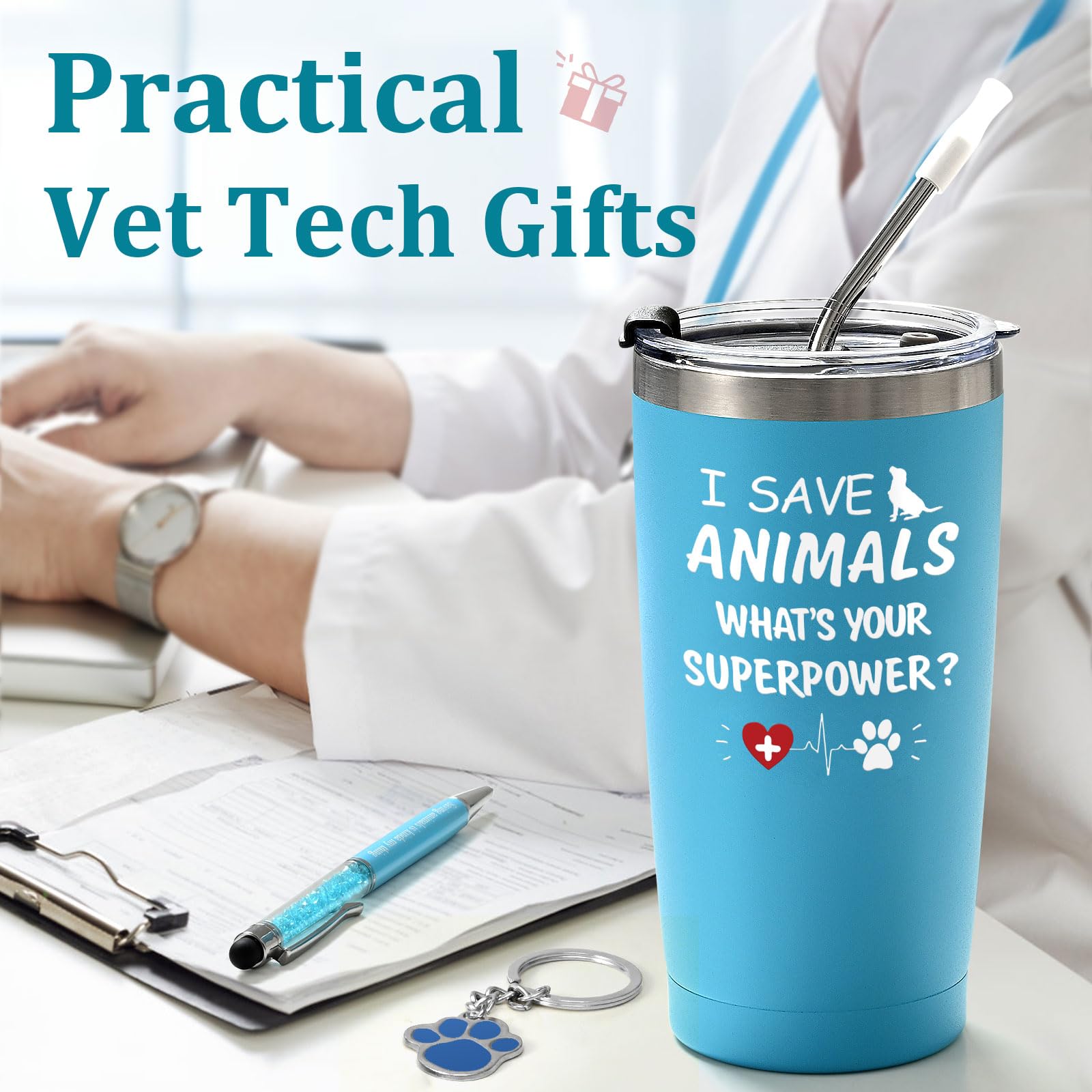 Lifecapido 13Pcs Vet Tech Gifts, Veterinarian Gifts, I Save Animals What's Your Superpower - 20oz Tumbler with Keychains Stickers Pens, Vet Tech Week Gifts Christmas Gifts for Veterinary Technologists