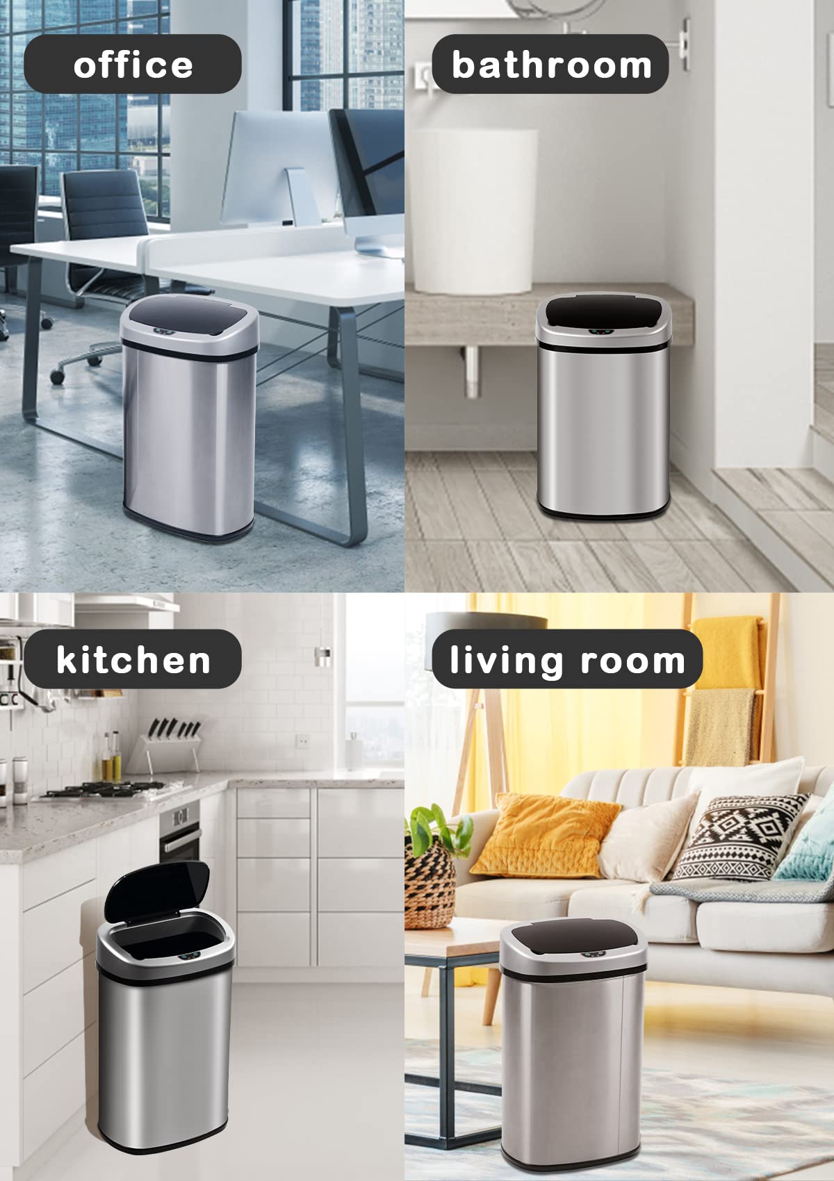 Trash Can, Motion Sensor Garbage Can 13 Gallon, Touchless Kitchen Trash Cans with Lid, Stainless Steel Sensor Garbage Cans for Kitchen, Automatic Small Trash Can for Bathroom Bedroom Home, Sliver