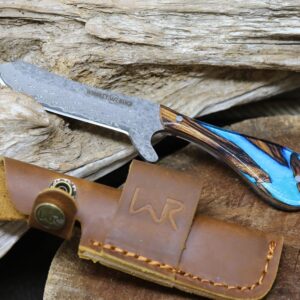 WHISKEY BENT HAT CO. Bullcutter 3 Fixed Blade Knife Damascus Steel, w/Leather Sheath, 3.5" Blade, 7" Overall Length (Spring Branch)