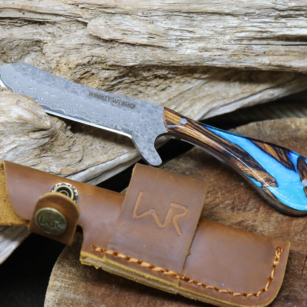 WHISKEY BENT HAT CO. Bullcutter 3 Fixed Blade Knife Damascus Steel, w/Leather Sheath, 3.5" Blade, 7" Overall Length (Spring Branch)