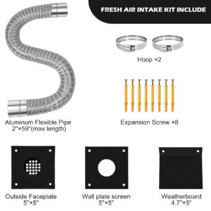 Pellet Stove Vent Pipe Kit, Pellet Stove Fresh Airs Intake Kit, Pellet Stove Exhaust Pipe Kit Includes 2"x59" Aluminum Flexible Pipe, Protective Screen and 2 Screw Clamps