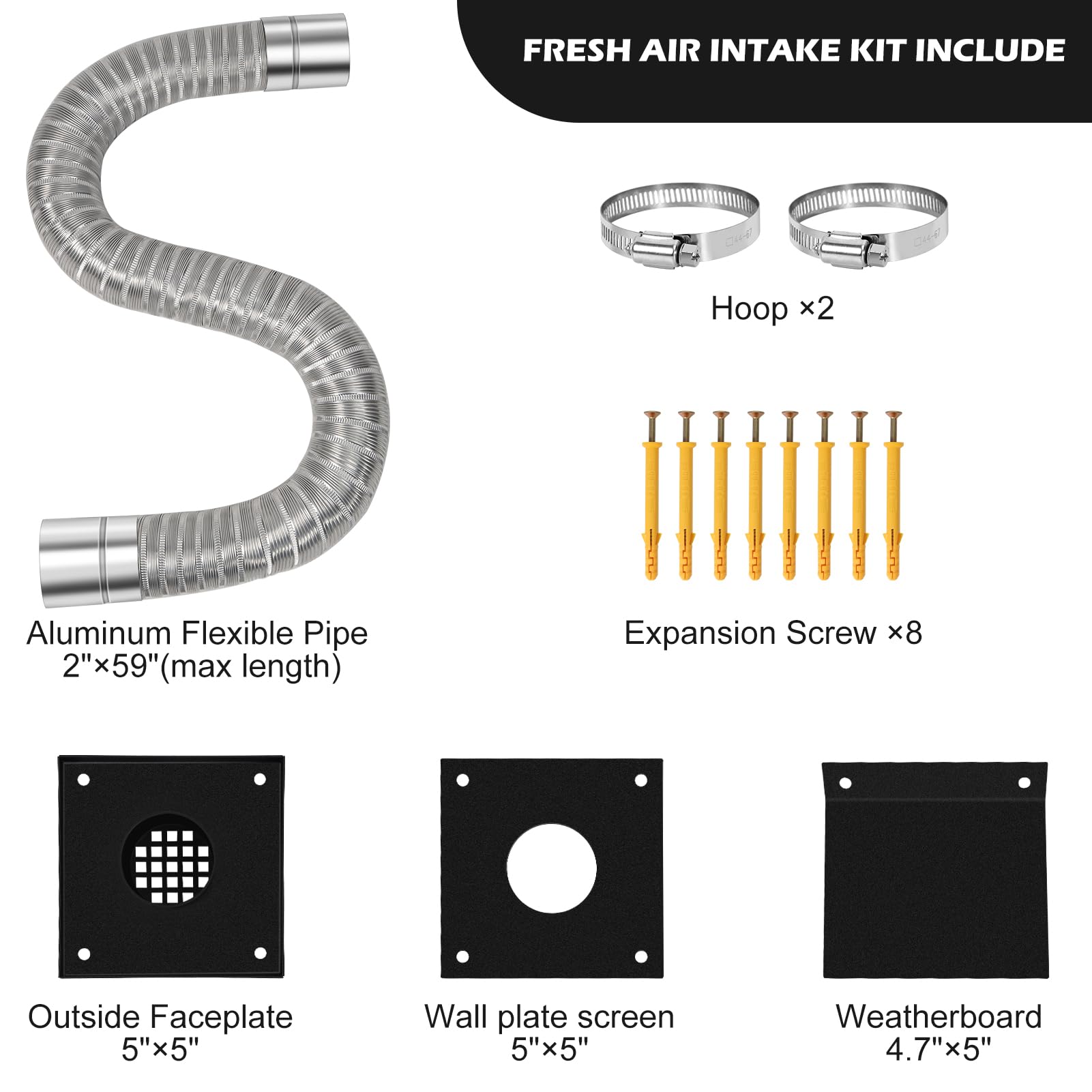 Pellet Stove Vent Pipe Kit, Pellet Stove Fresh Airs Intake Kit, Pellet Stove Exhaust Pipe Kit Includes 2"x59" Aluminum Flexible Pipe, Protective Screen and 2 Screw Clamps