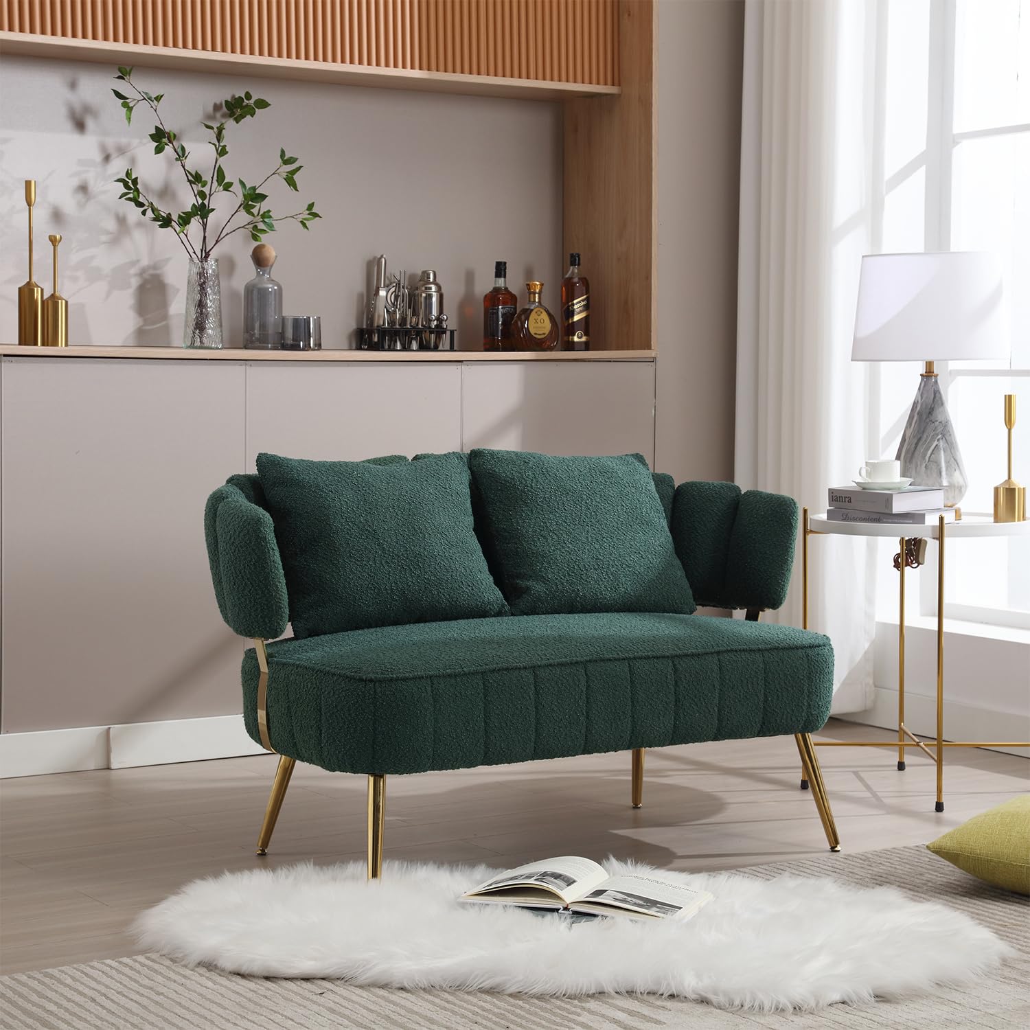 Modern Polyester Loveseat Couch,Futon Small Sofa with Pillow 2-Seater Upholstered Mini Sofa Couches for Small Space Living Room Bedroom Office Dorm Studio Apartment Love Seat Couche (Emerald)