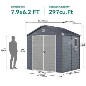 YITAHOME 8x6.2FT Outdoor Resin Storage Shed w/o Floor, All-Weather Plastic Shed with Lockable Doors, Window & Vents, Plastic Tool Shed for Backyard, Patio, Poolside, Lawn, Dark Gray