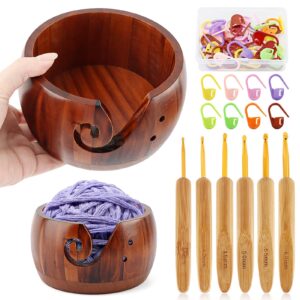 wooden yarn bowl with 6pcs metal crochet hooks and 50pcs crochet stitch markers, knitting yarn bowl with holes storage, handmade yarn storage bowl for diy knitting crocheting accessories