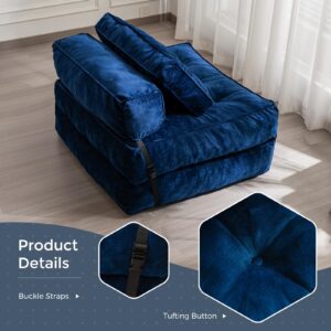 MAXYOYO Folding Sofa Bed, Velvet Convertible Sleeper Chair with Pillow Portable Fold Out Chair Bed, Multifunctional Tufted Floor Sofa Lounge for Living Room Guest Room, Navy