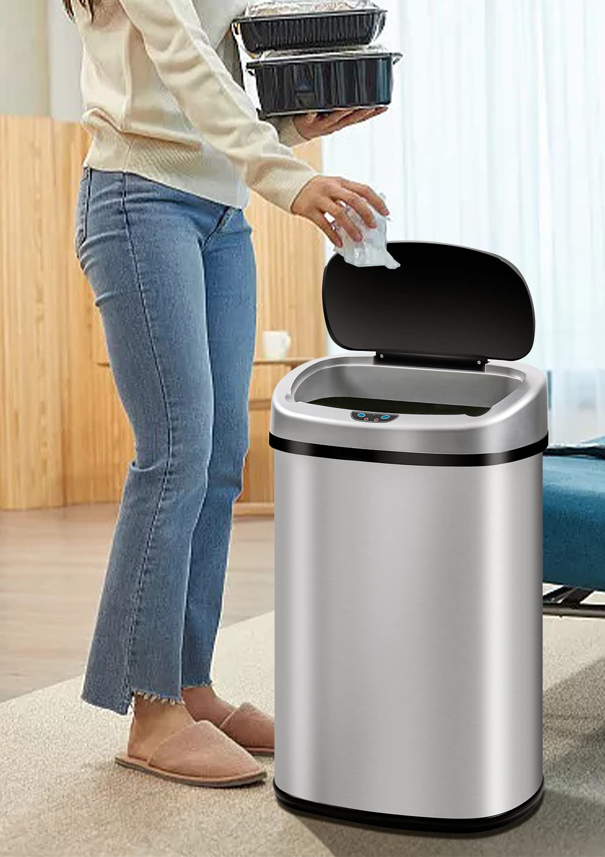 Trash Can, Motion Sensor Garbage Can 13 Gallon, Touchless Kitchen Trash Cans with Lid, Stainless Steel Sensor Garbage Cans for Kitchen, Automatic Small Trash Can for Bathroom Bedroom Home, Sliver