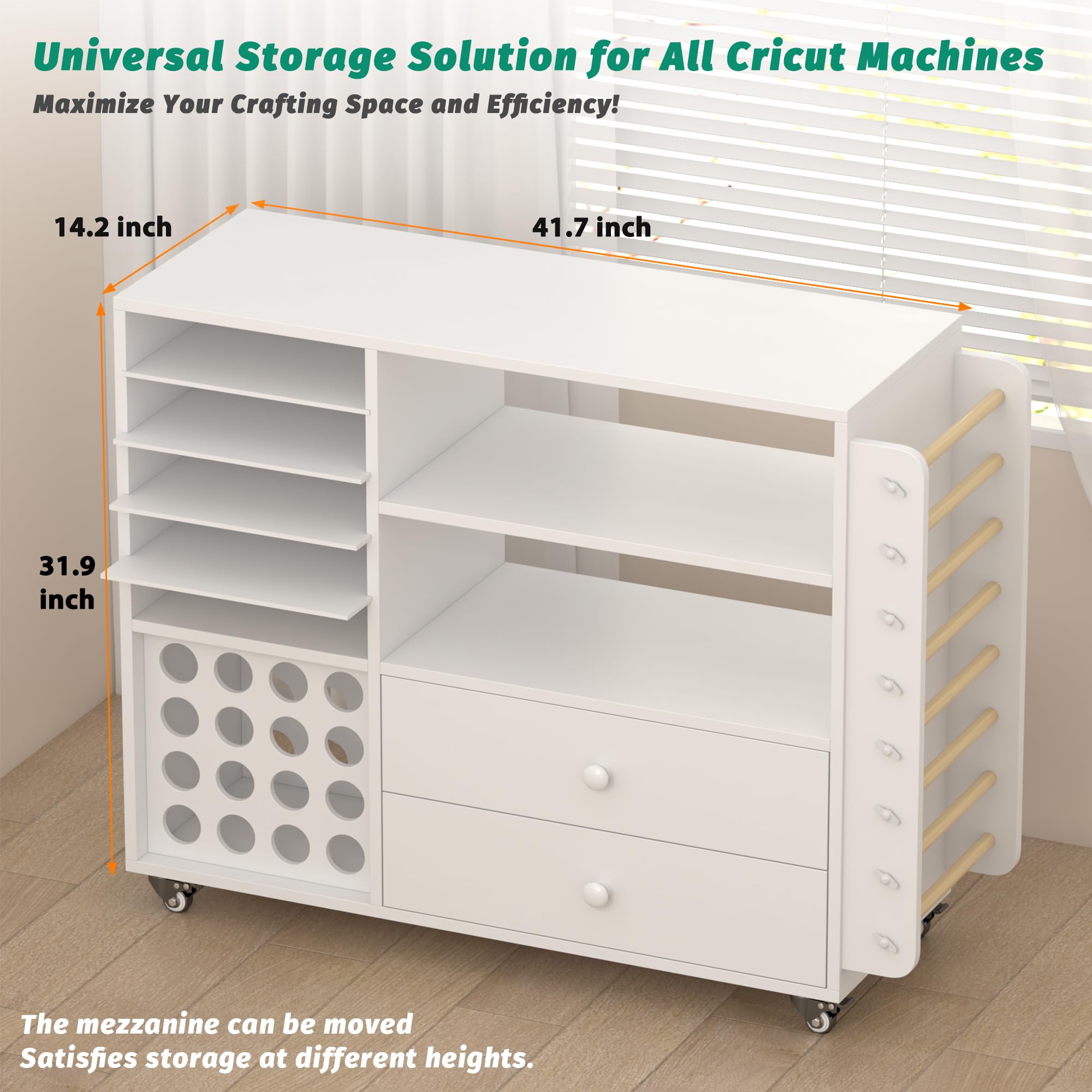 Craft organization and storage Cart Compatible with Cricut Machine Cricut Table, Rolling Craft Organizer With two large drawer & 24 Vinyl Roll Holder & Paper Storage Organizer, for Home Craft Room