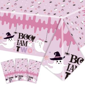 nanagali 3pcs boo i'm two theme table cover decorations 54 x108 inch halloween boo i'm two disposable plastic tablecloths for kids birthday baby shower 2nd party decorations supplies