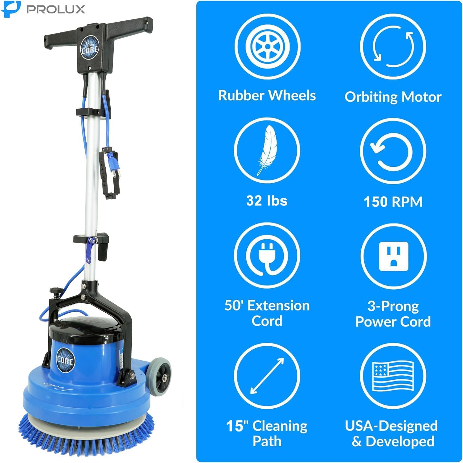 Prolux Core Heavy Duty Single Pad Commercial Polisher, Floor Buffer Machine, Scrubber, 15 Inch Commercial Duty w/ Hard Brush Only