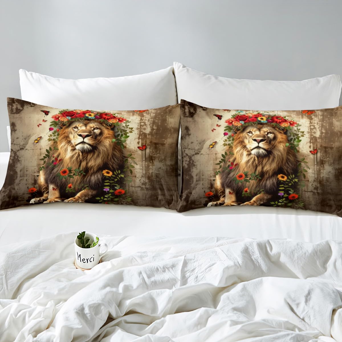 Castle Fairy Lion and Rose Bedding Set,Butterfly Flowers Duvet Cover for Kids Teens,Lions Pattern Comforter Cover Decorative Room,Wild Animals Quilt Cover with 2 Pillowcases,King Size(No Comforter)