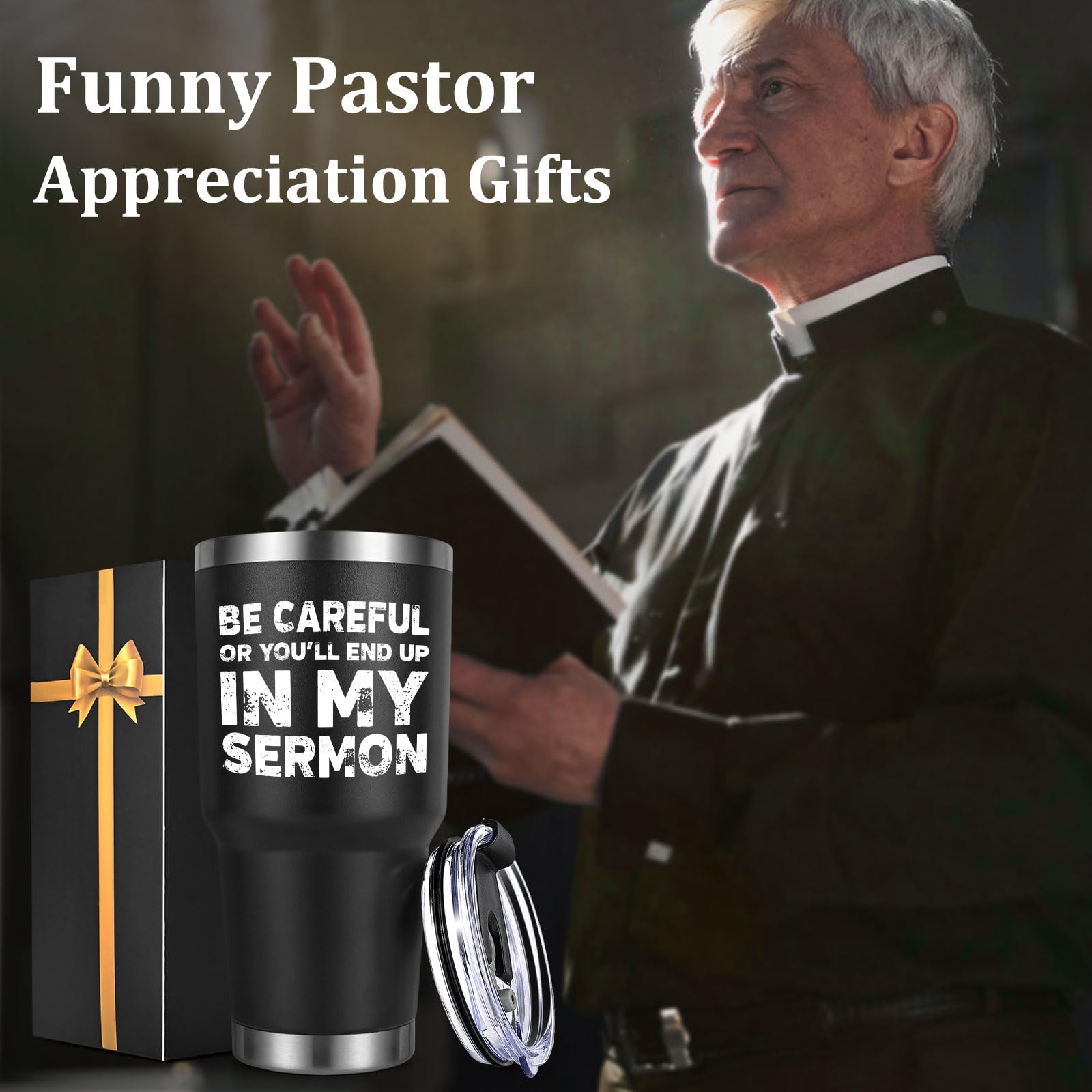 Lifecapido Pastor Gifts, Pastor Appreciation Gifts, Be Careful or You Will End Up In My Sermon Insulated Tumbler, Funny Christmas Gifts Church Gifts for Men Pastor Preacher Minister, 30oz Black