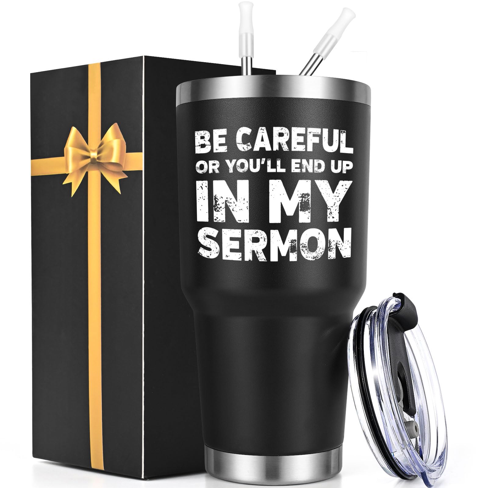 Lifecapido Pastor Gifts, Pastor Appreciation Gifts, Be Careful or You Will End Up In My Sermon Insulated Tumbler, Funny Christmas Gifts Church Gifts for Men Pastor Preacher Minister, 30oz Black