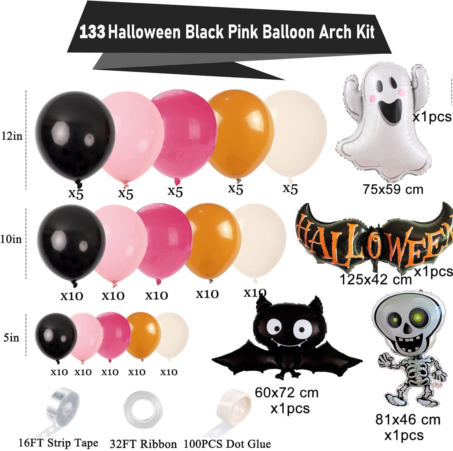 Hot Pink Halloween Balloon Garland Arch Kit,133Pcs Black Orange Pink Sand White Balloons Large Wings Ghost Skeleton Bat Foil Balloons for Kids,Family,Halloween Party Background Cosplay Theme Party