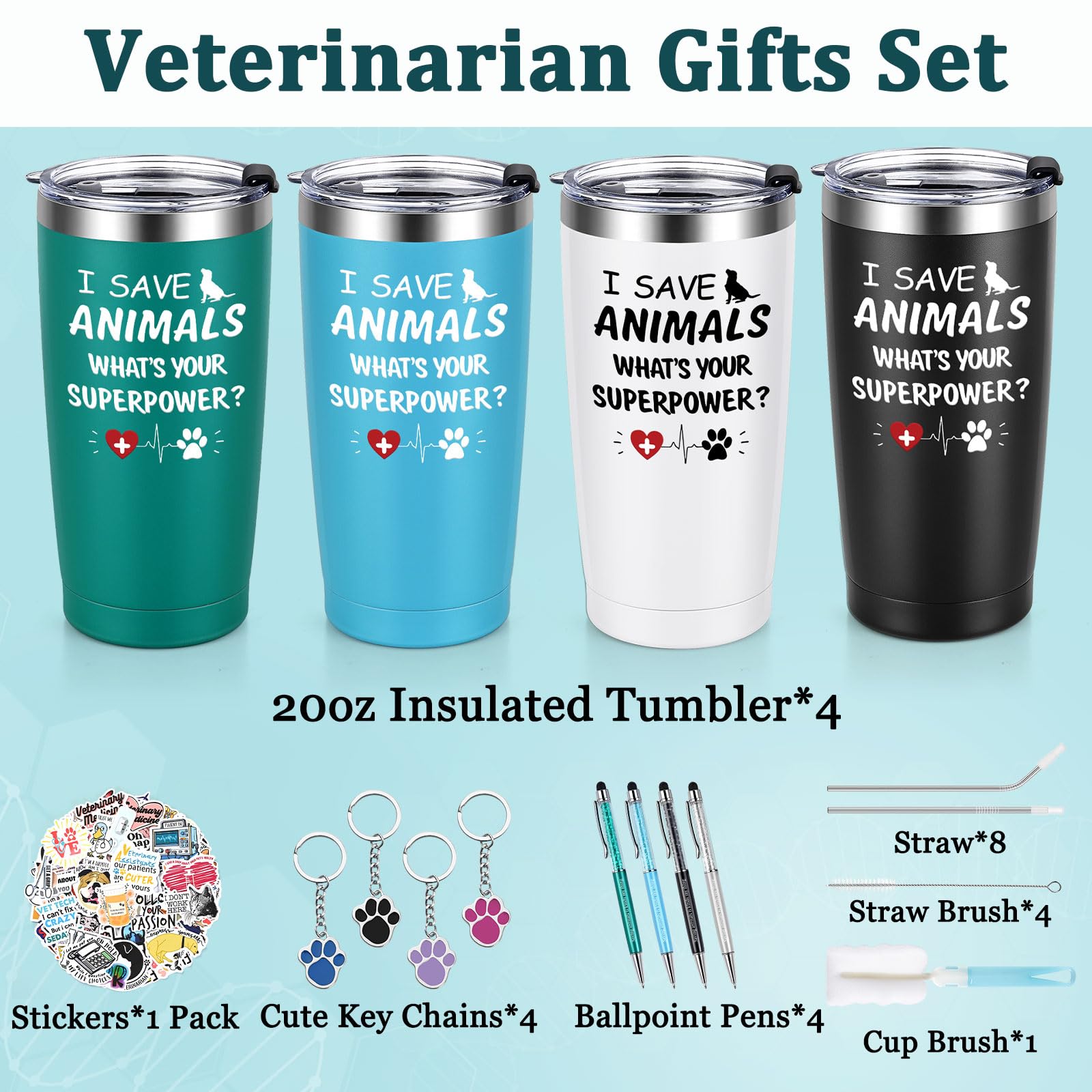 Lifecapido 13Pcs Vet Tech Gifts, Veterinarian Gifts, I Save Animals What's Your Superpower - 20oz Tumbler with Keychains Stickers Pens, Vet Tech Week Gifts Christmas Gifts for Veterinary Technologists