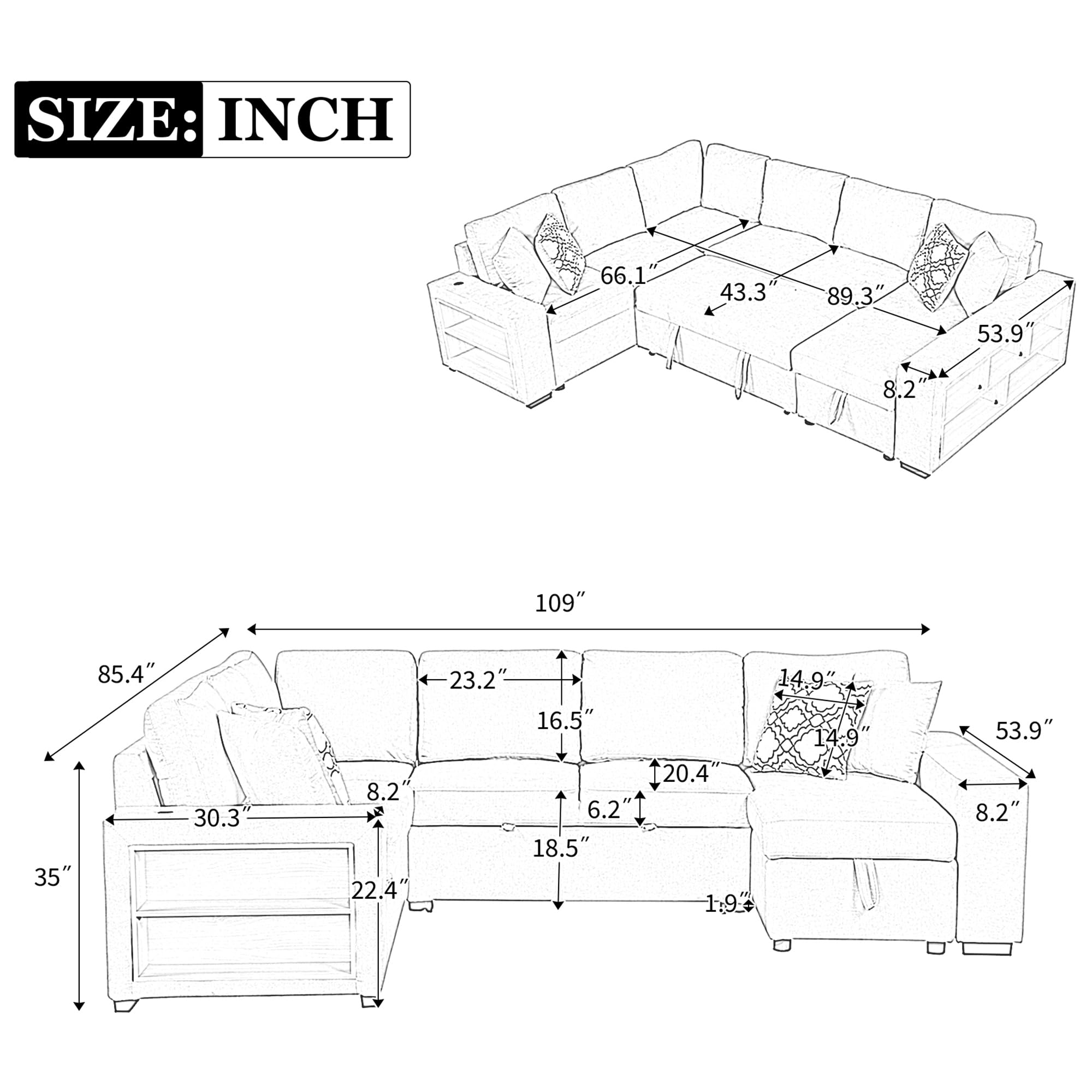 Merax L-Shaped Pull-Out Sleeper Sofa Bed with 2 USB Ports, Chenille U-Shaped Sectional Sofa with 4 Back Pillows, a Storage Chaise Lounge for Living Room (Beige)