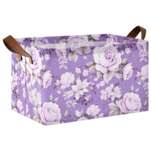 kuejop flower purple rose rectangle storage bin, decorative collapsible organizer storage basket with handles for home